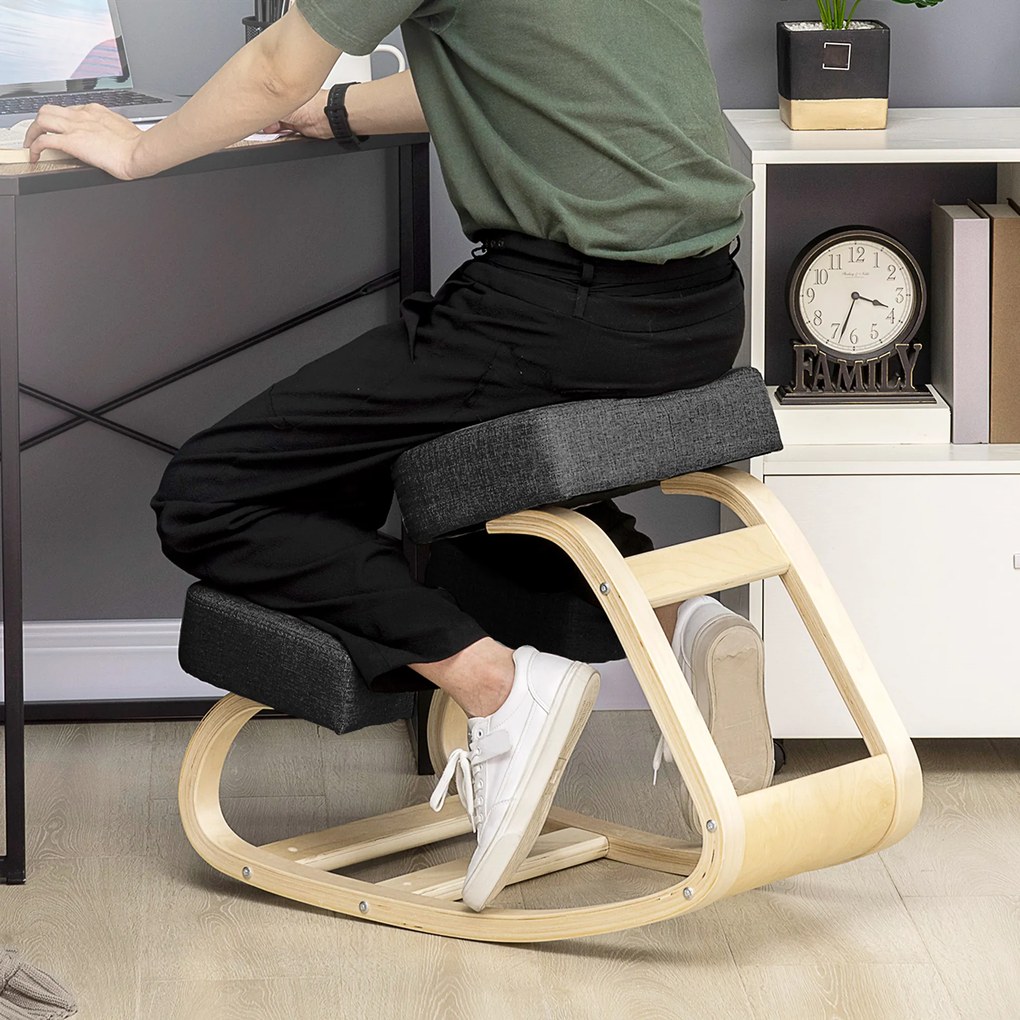 Ergonomická klečící židle Vinsetto s rámem z březového dřeva, molitanovým a polyesterovým polstrováním pro domácnost a kancelář, černá