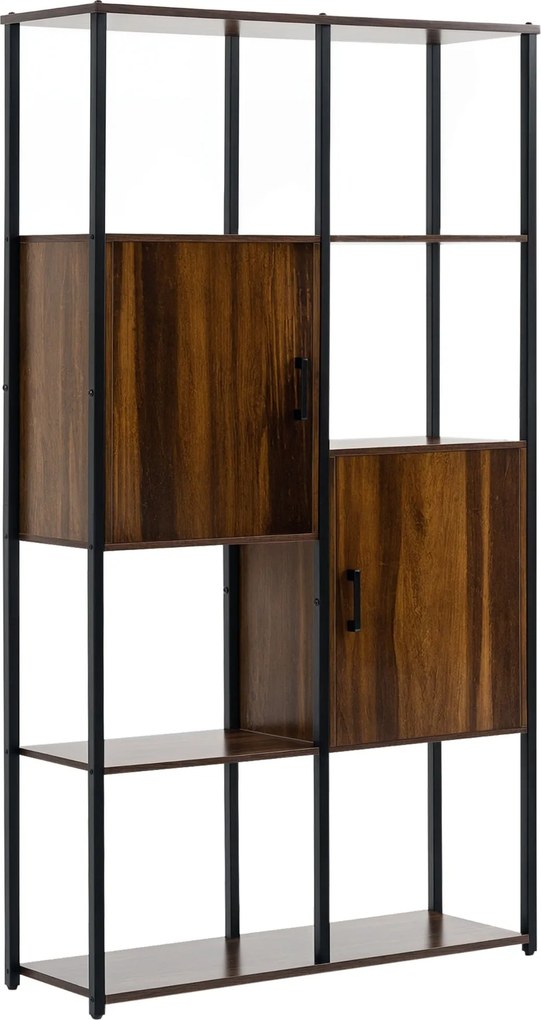 HOMCOM Moderní knihovna v industriálním stylu se 4 policemi a 2 skříňkami, kovová a dřevěná police pro domov a kancelář, 90x30x159,5cm, černá a rustik