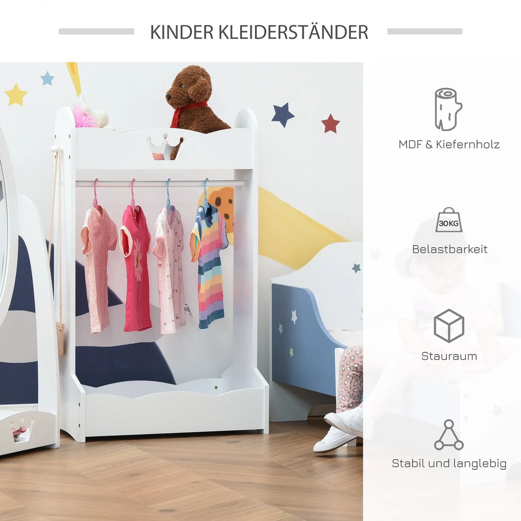 HOMCOM Dětský věšák na kabáty s policemi a bočními háčky, Dřevěný nábytek do dětského pokoje, 70,5x37x103cm, Bílý