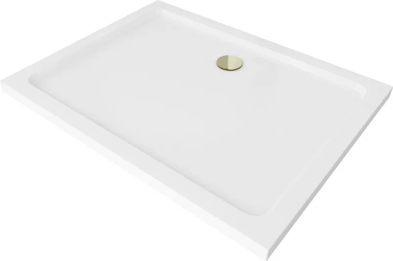 Mexen SLIM - Obdélníková sprchová vanička 90x80x5cm + zlatý sifon, bílá, 40108090G