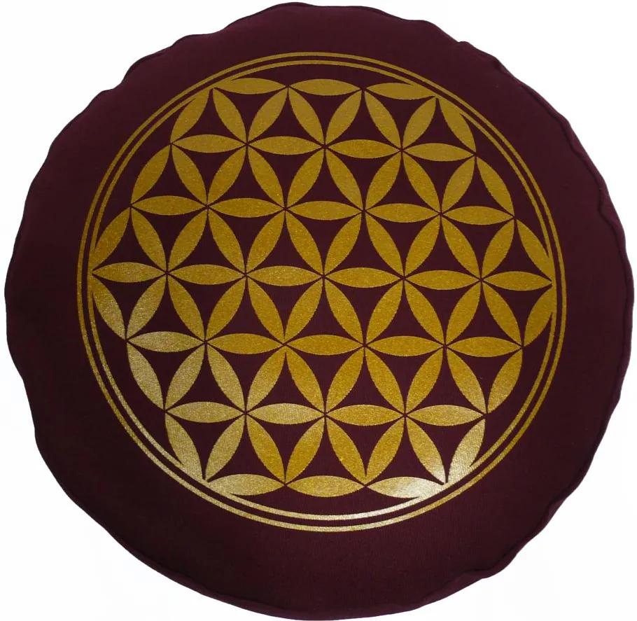 S radostí - vlastní výroba Meditační polštář se zlatým Květem života - vínový Velikost: ∅30 x v12 cm