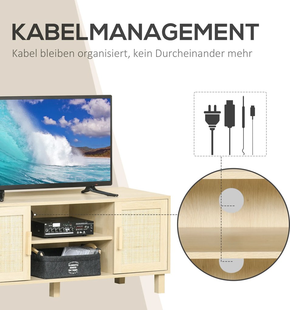 HOMCOM TV Stánek s Věšákem - 2 Přihrádky, 2 Skříně s Ratanovými Dveřmi, 115 x 40 x 48 cm, MDF s Povrchovou Úpravou Světle Dřevo