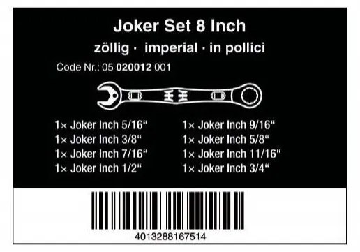 Wera 020012 Očkoploché ráčnové palcové klíče 5/16 ÷ 3/4" 6000 Joker 8 Imperial Set 1 (Palcová sada 8 dílů)