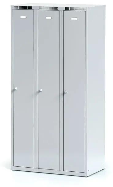 Alfa 3 Kovová šatní skříňka 3-dílná, šedé dveře, cylindrický zámek
