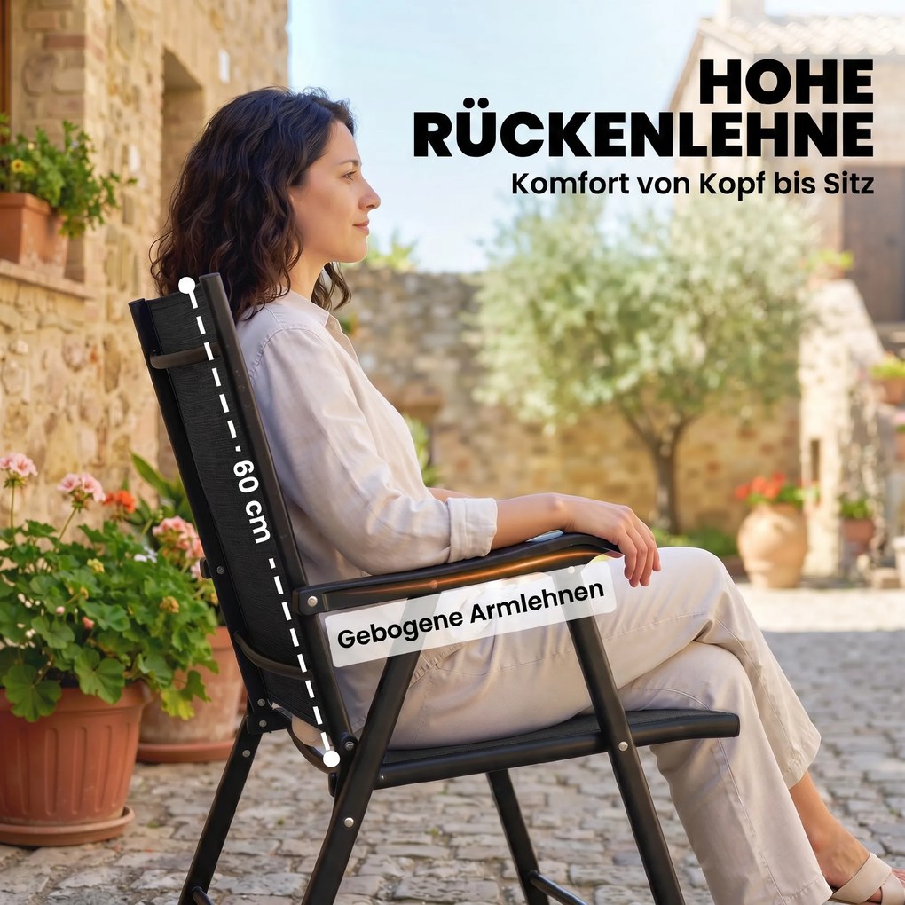 Outsunny sada 2 skládacích zahradních židlí — vysoké opěradlo a područky, ocelový rám, černé Textilene, 58 x 62 x 97 cm