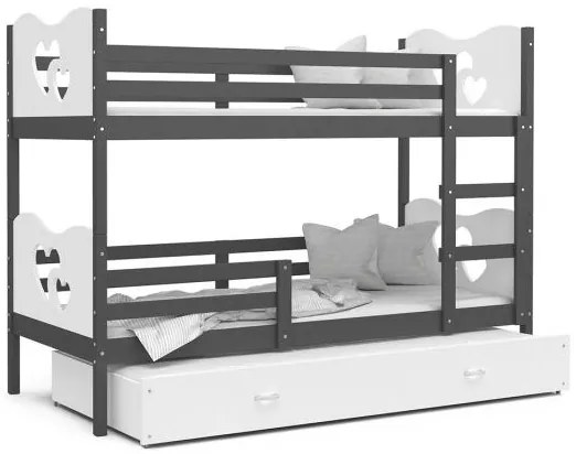 DOBRESNY Dětská patrová postel MAX 3 80x190 cm s šedou konstrukcí v bílé barvě se srdíčky