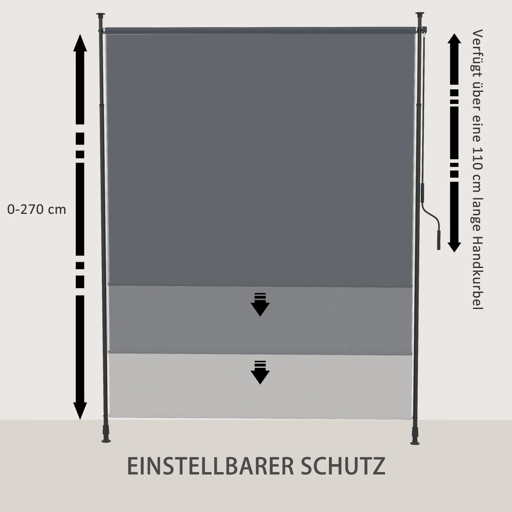 Boční markýza, montáž bez vrtání, výškově nastavitelná, s ruční klikou, kovový rám, šedá, 2 x 2,15-3,05 m