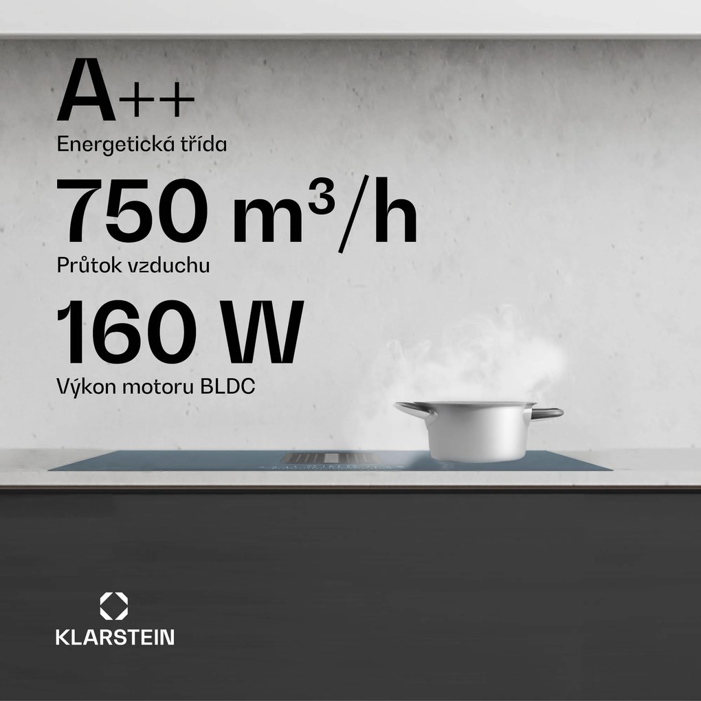 Klarstein Přímo uprostřed: Luxusní indukční varná deska s DownAir digestoří s průtokem odsávání vzduchu až 745 m³/h