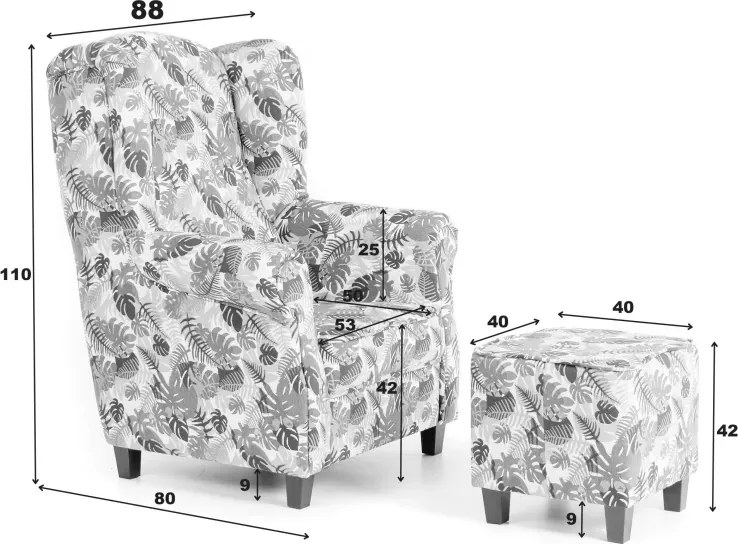 Křeslo ušák AS s taburetem - vzor Bird, žlutá/přírodní (an 4878)