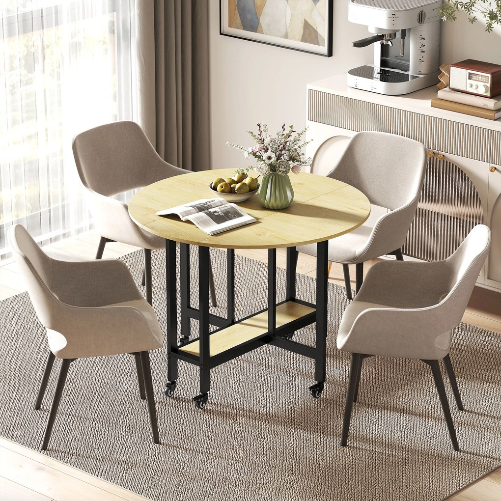 HOMCOM skládací jídelní stůl na kolečkách, kuchyňský stůl pro 4 osoby s integrovanou odkládací plochou, 100 x 75 cm, dub