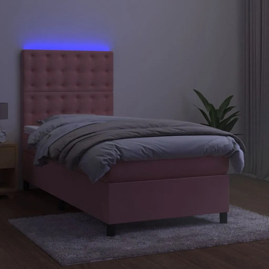 Box spring postel s matrací a LED růžová 90x200 cm samet 3136346