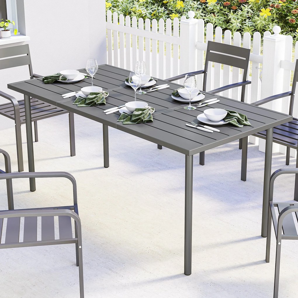 Outsunny venkovní jídelní stůl 165 × 80 cm pro 6 osob — laťová kovová deska, práškově lakovaný ocelový rám, odolný vůči povětrnostním vlivům (tmavě š…