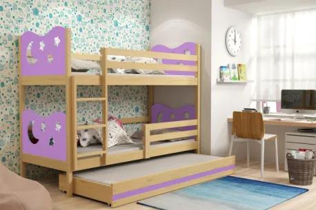Patrová postel MIKO pro 3 osoby včetně matrací (Borovice + Fialová)