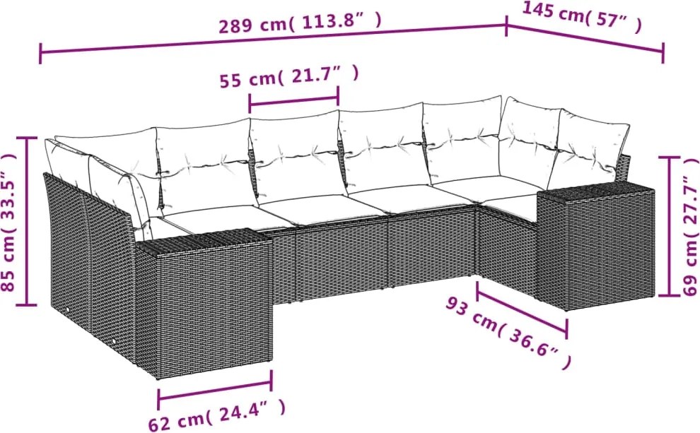 7dílná zahradní sedací souprava s poduškami hnědá polyratan 3222992