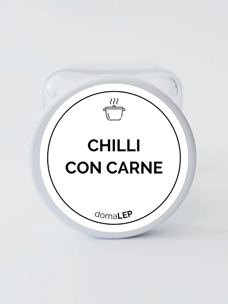 Samolepka na kořenky CHILLI CON CARNE bílá 5 cm tučné písmo