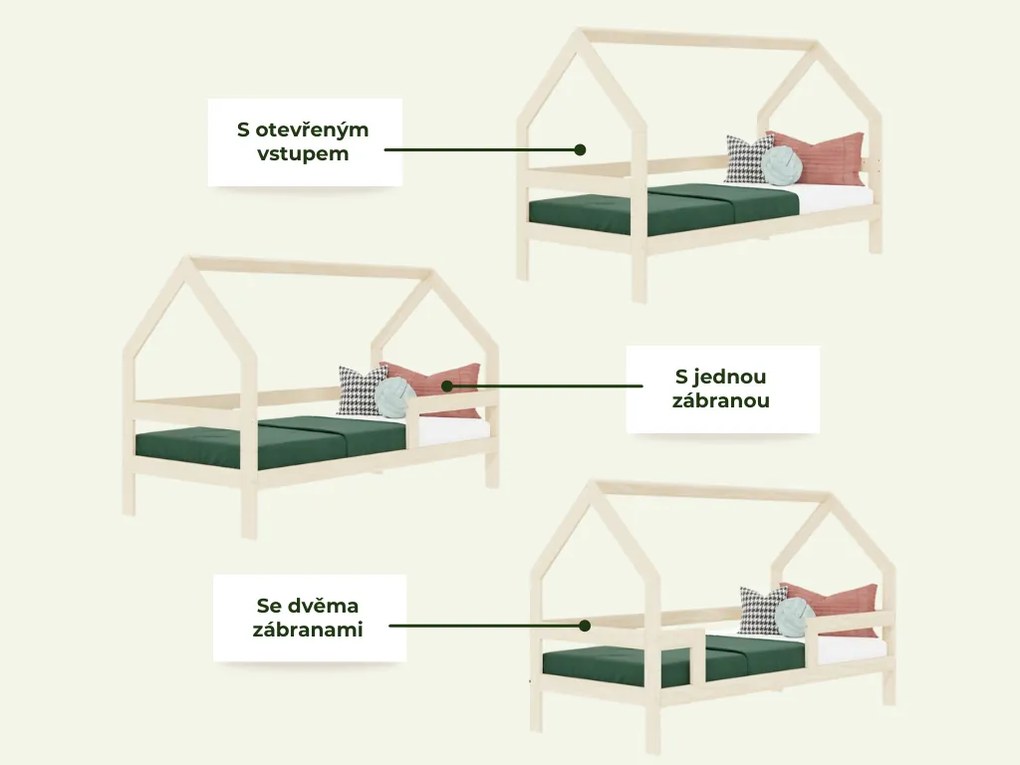 Benlemi Dětská dřevěná postel domeček SAFE 3v1 se zábranou Zvolte barvu: Šalvějová zelená, Zvolte rozměr: 90x200 cm, Zvolte zábranu: S otevřeným vstupem
