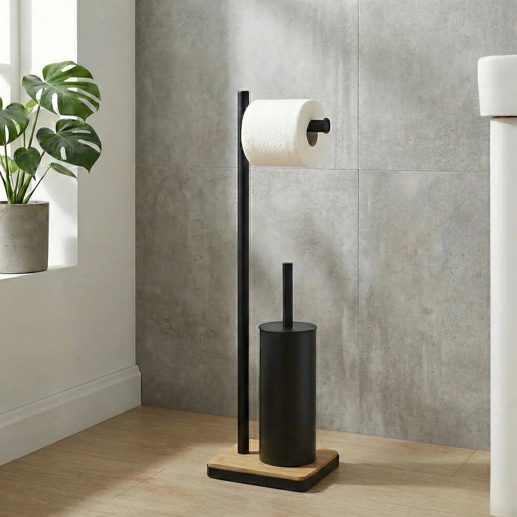WC štětka s držákem na toaletní papír a bambusovou podložkou IVLO, 65 cm – černá
