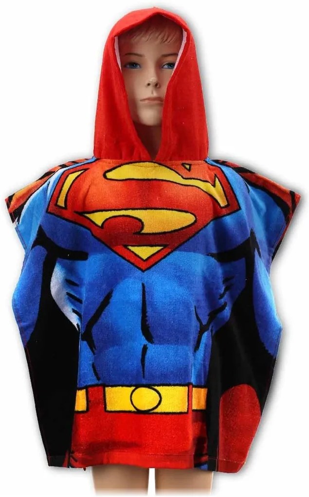 Plážové pončo - bavlněná plážová osuška s kapucí - motiv Superman - červeno / modré, 55 x 110 cm