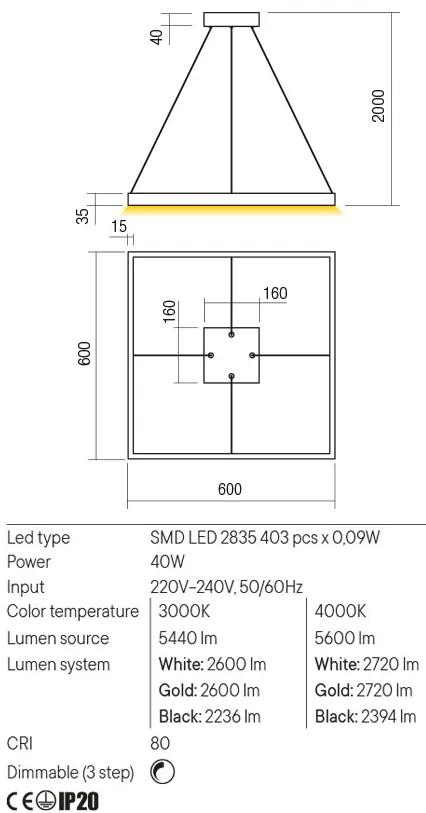 Redo Závěsné LED svítidlo Febe - hranaté, ø60cm Barva: Černá, Chromatičnost: 3000K