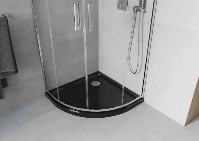 Mexen Rio, čtvrtkruhový sprchový kout 90 x 90 cm, 6mm čiré sklo, chromový profil + černá sprchová vanička, 863-090-090-01-00-4170