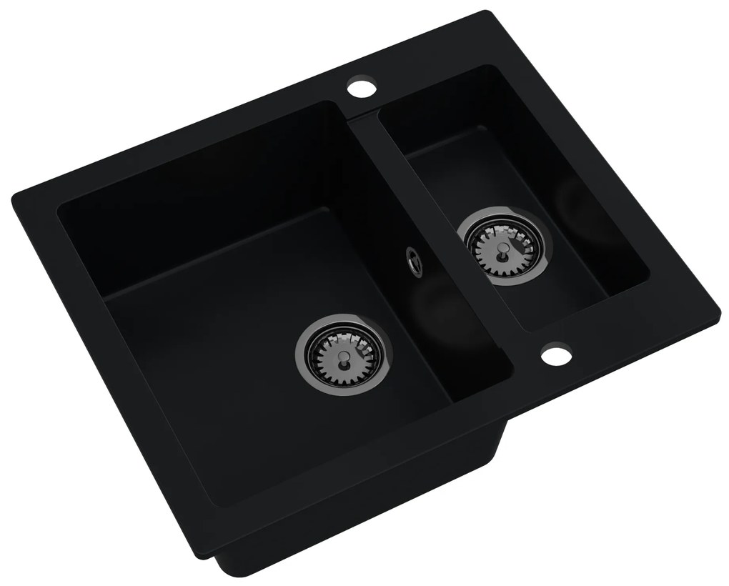 Sink Quality Ferrum, kuchyňský granitový dřez 605x495x210 mm + černý sifon, černá, SKQ-FER.C.5KBO.XB