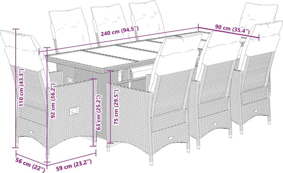 9dílný zahradní bistro set s poduškami hnědý polyratan 3277263