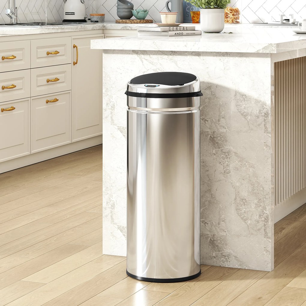 HOMCOM 50 l automatický odpadkový koš, nerezový, s pohybovým senzorem, černý a stříbrný
