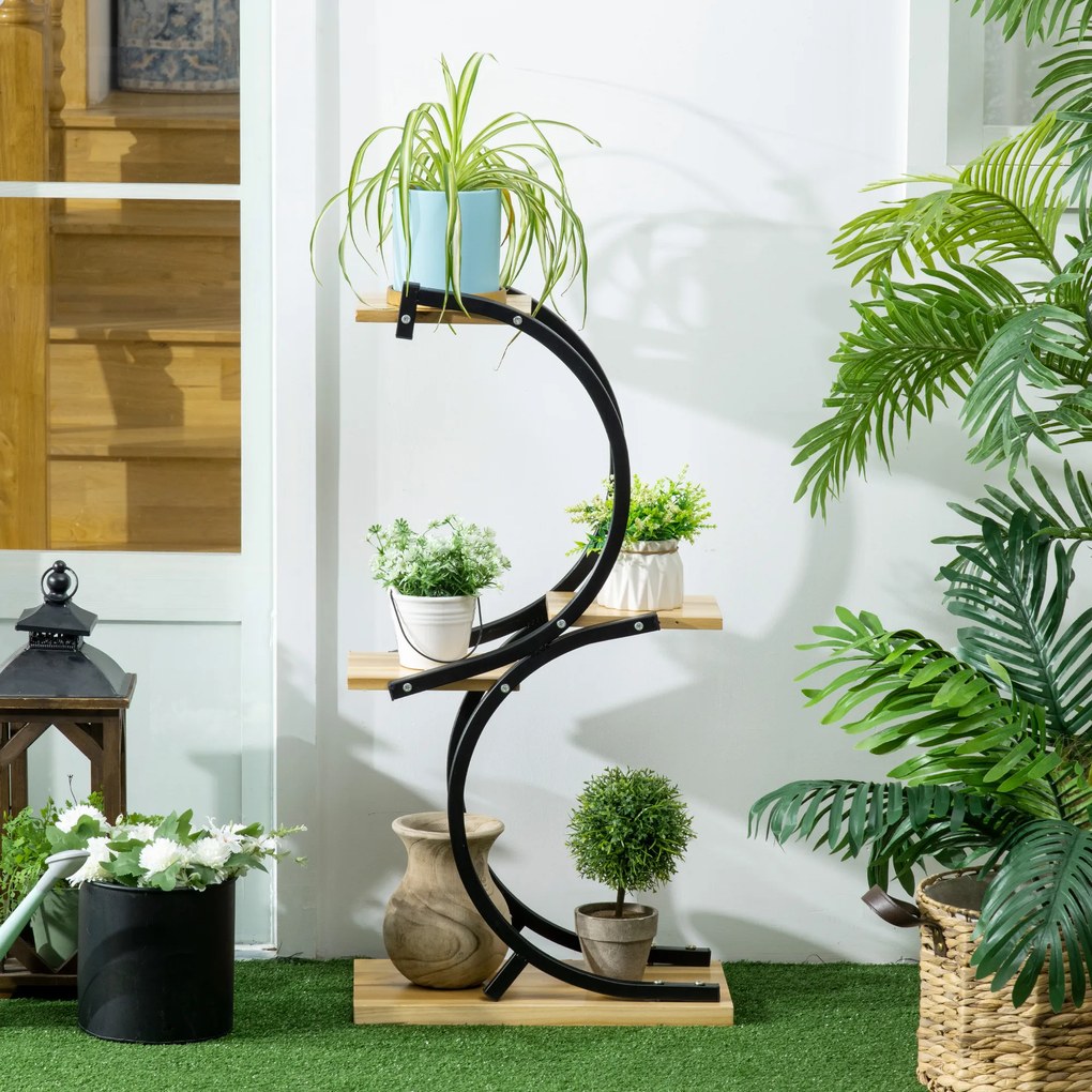 Outsunny police na rostliny S-ramena na květiny 4-úrovňový stojan na rostliny s kovovým rámem a masivním dřevem černý 46x25x91cm pro zahradu a balkon…