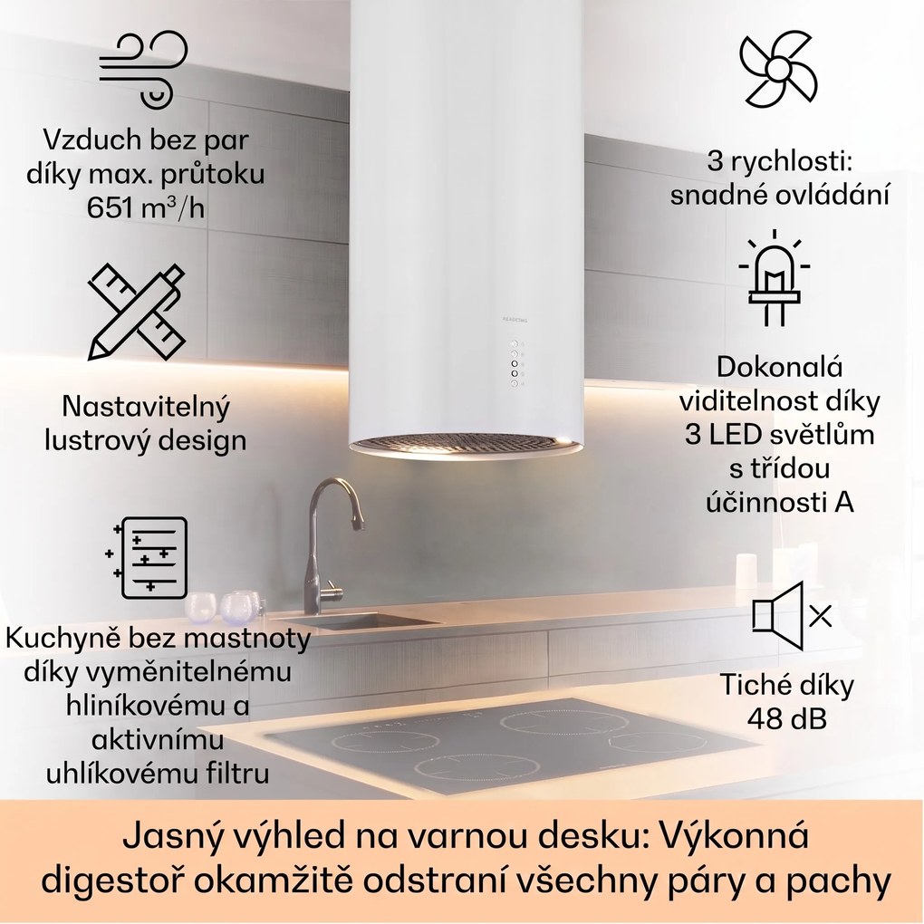 Klarstein Bolea, digestoř, 38 cm, ostrůvková, 651 m³/h, LED, filtry s aktivním uhlím, nerezová ocel