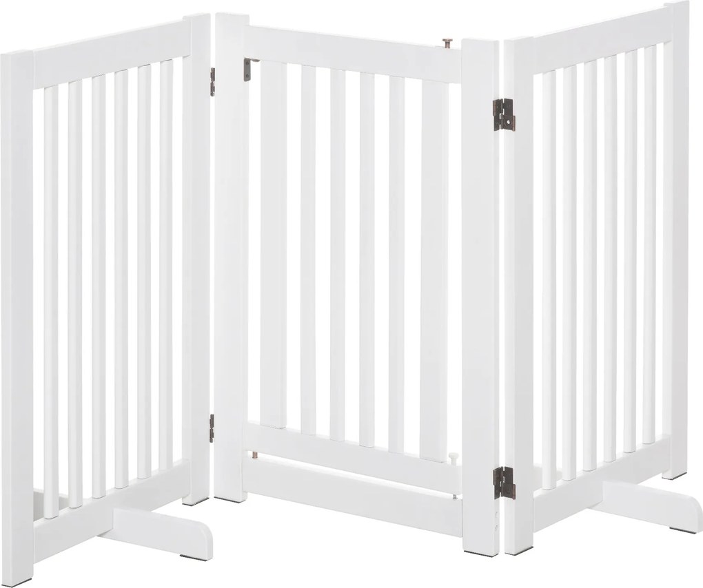 PawHut Dřevěná Psí Brána 155x76 cm Skládací Plot 3 Panely s 1 Dveřmi a Podpůrnými Nohy pro Chodbu a Schodiště Bílá | Aosom