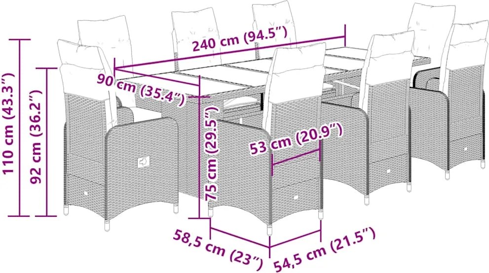 9dílný zahradní bistro set s poduškami šedý polyratan 3277295