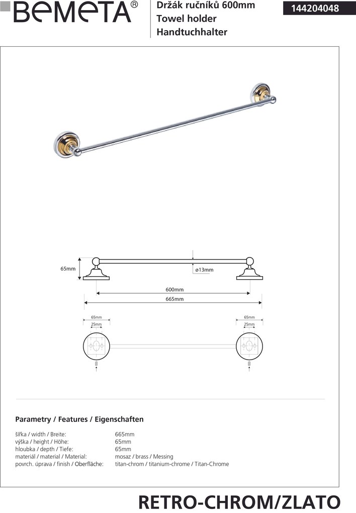 Bemeta Design RETRO gold-chrom: Držák ručníků, 600 mm - 144204048