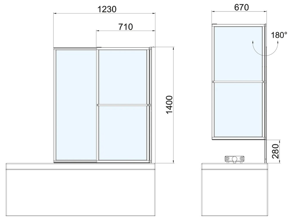 Polysan OLBIA vanová zástěna s pneumatickým zdvihem, š. 1230mm, černá mat, čiré sklo 30317B