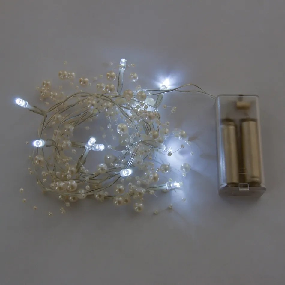 LED světýlka na baterie, bílé perly, 1,3 m, ledově bílá, 10 diod, IP20 interiér, 2 × AA