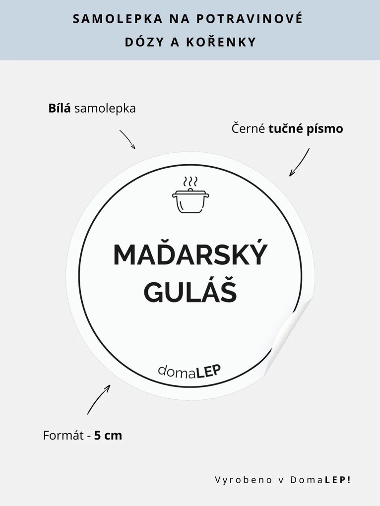 Samolepka na kořenky MAĎARSKÝ GULÁŠ bílá 5 cm tučné písmo