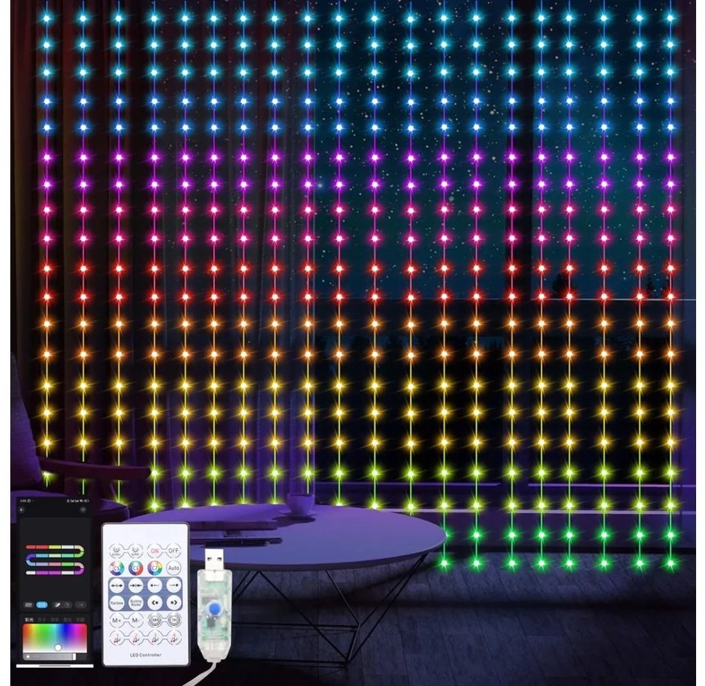 LED RGB Stmívatelný vánoční závěs WIZARD 400xLED/USB 2x2m + dálkové ovládání