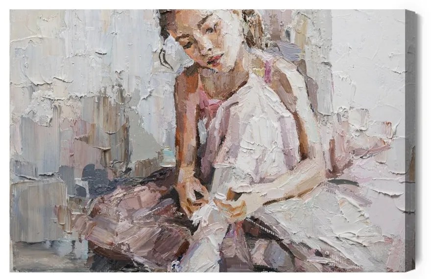 Obraz Little Ballerina With Curly Hair Sits And Fastens Pointe Shoes . Oil Painting, Palette Knife Technique And Brush. Nedostatek Nedostatek Přírodní plátno 100x70