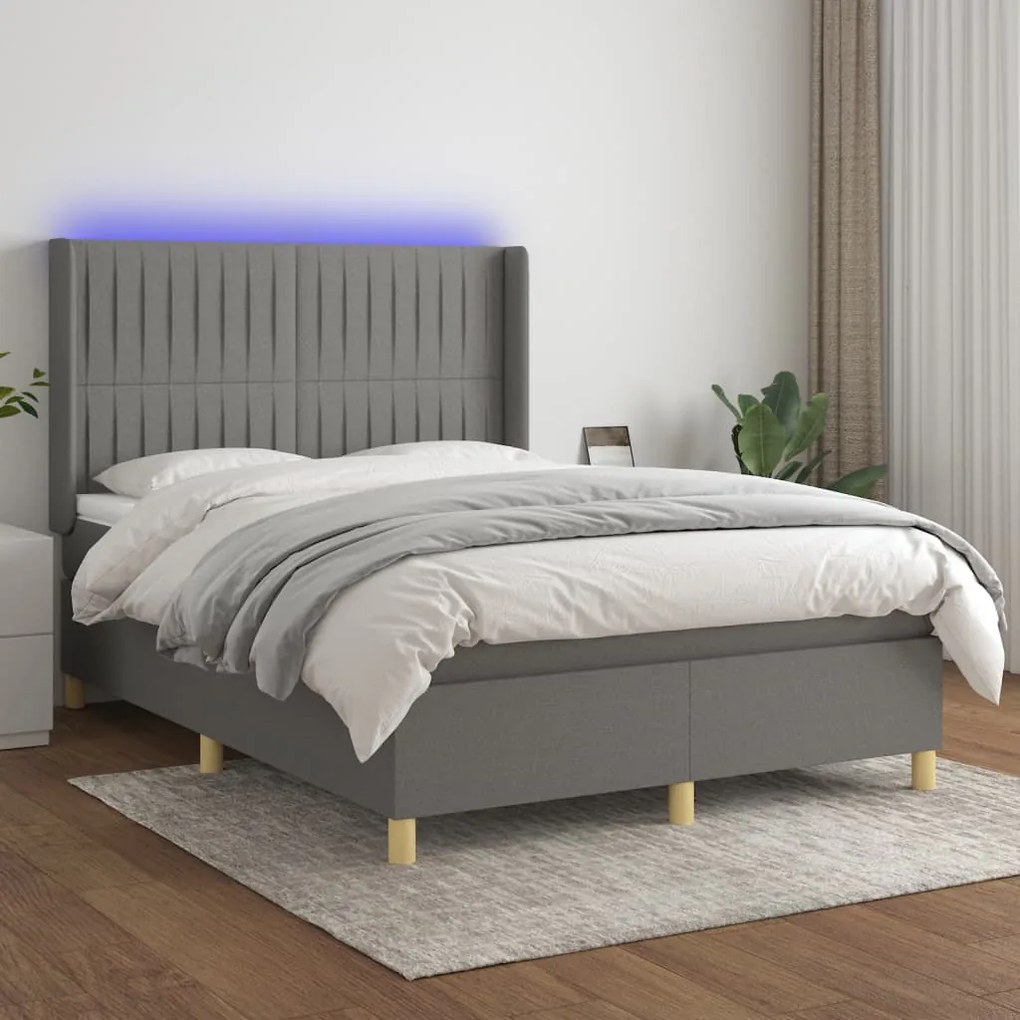 Box spring postel s matrací a LED tmavě šedá 140x200 cm textil