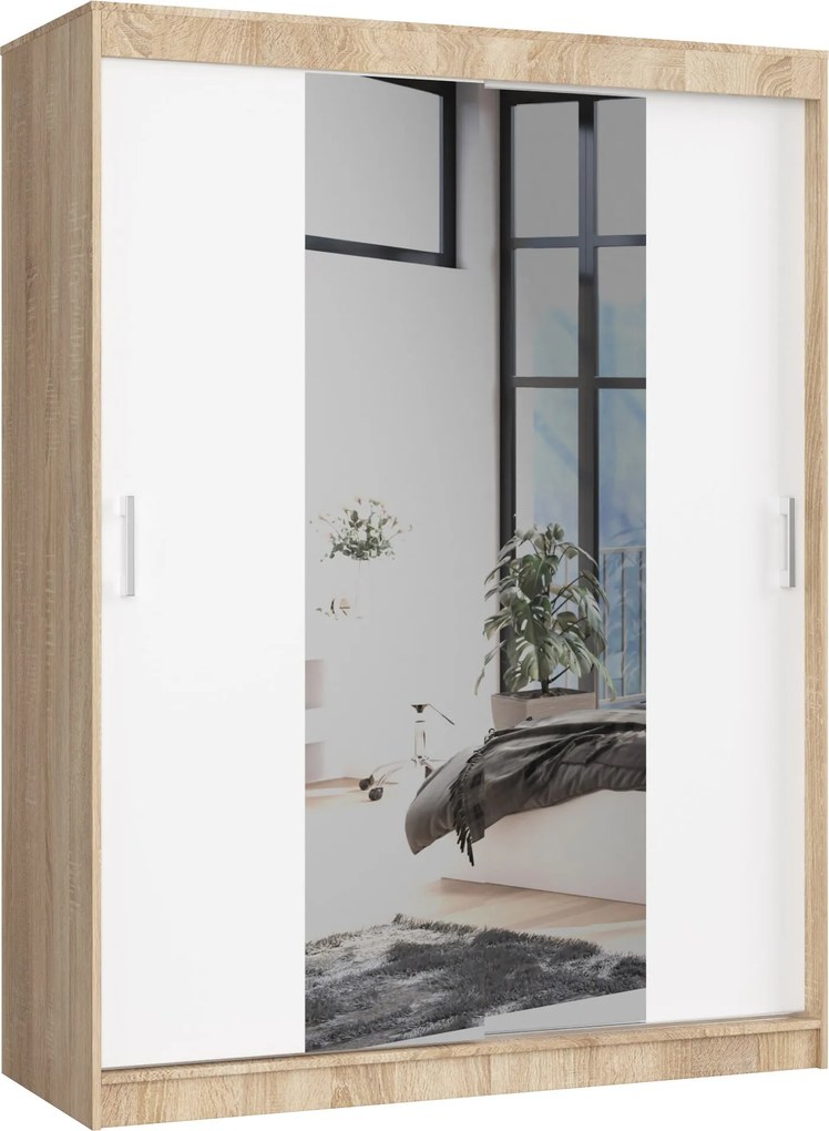 Šatní skříň posuvná se zrcadlem 150 cm dub sonoma/bílá