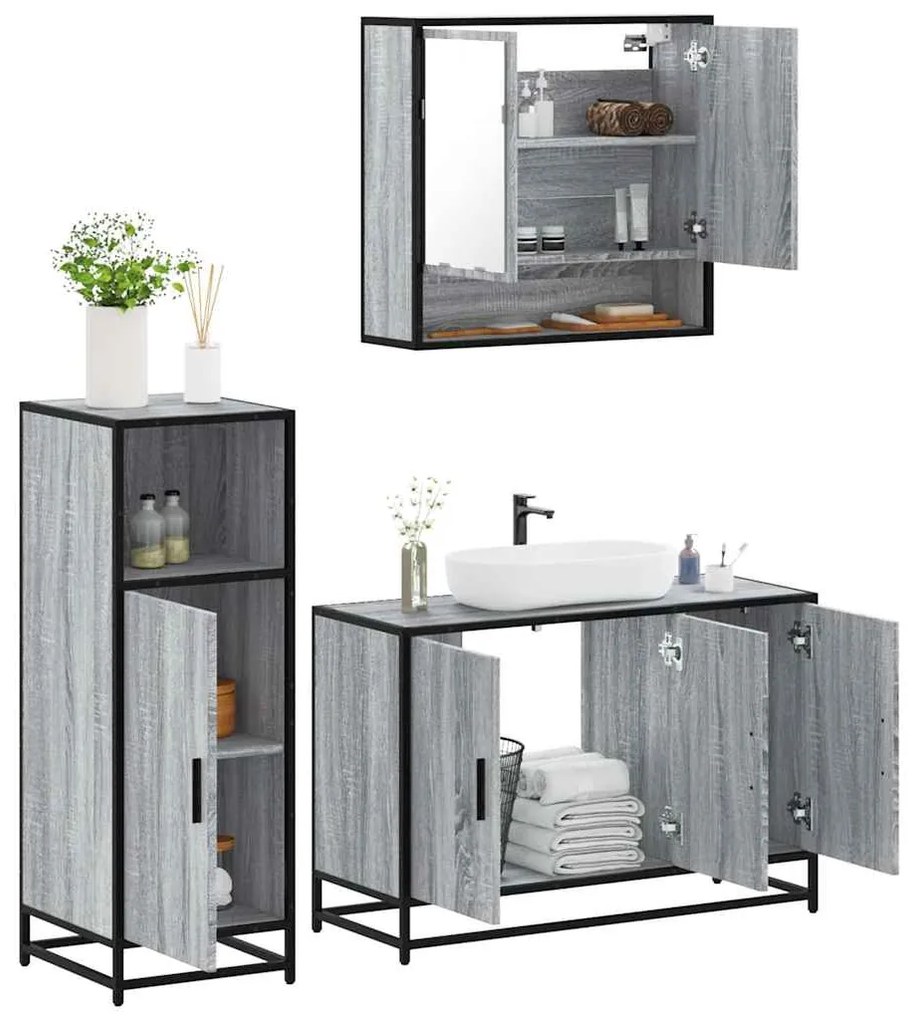 3dílný set koupelnového nábytku šedý sonoma kompozitní dřevo 3300983
