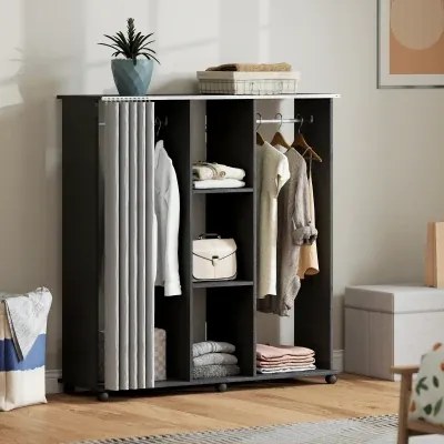 HOMCOM Šatní skříň, šatník, mobilní úložná skříň 6 koleček 120L x 40l x 128H cm, černé dřevo