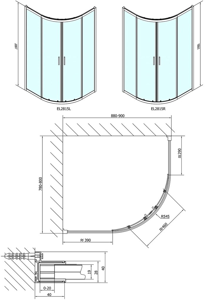 Polysan EASY LINE čtvrtkruhová sprchová zástěna 900x800mm, L/R, čiré sklo EL2815