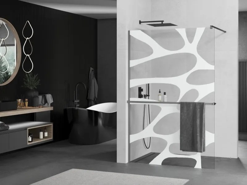 Mexen Kioto+, sprchová zástěna Walk-In s poličkou a věšákem 100 x 200 cm, 8mm čiré sklo bílý vzor, ​​grafitový profil, 800-100-121-95-97