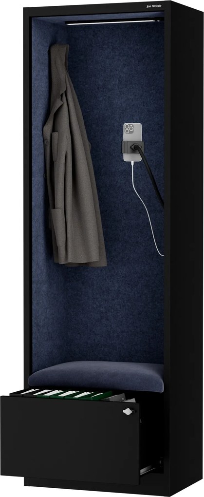 Kancelářská akustická kabina se sedátkem a USB-C portem, korpus černý / sedák námořnická modrá, 600 mm: SALLY MentalBox