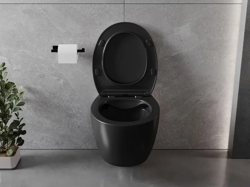 Mexen Egg, závěsná WC mísa Rimless s duroplastovým sedátkem s pomalým zavíráním, černá matná, 30245070