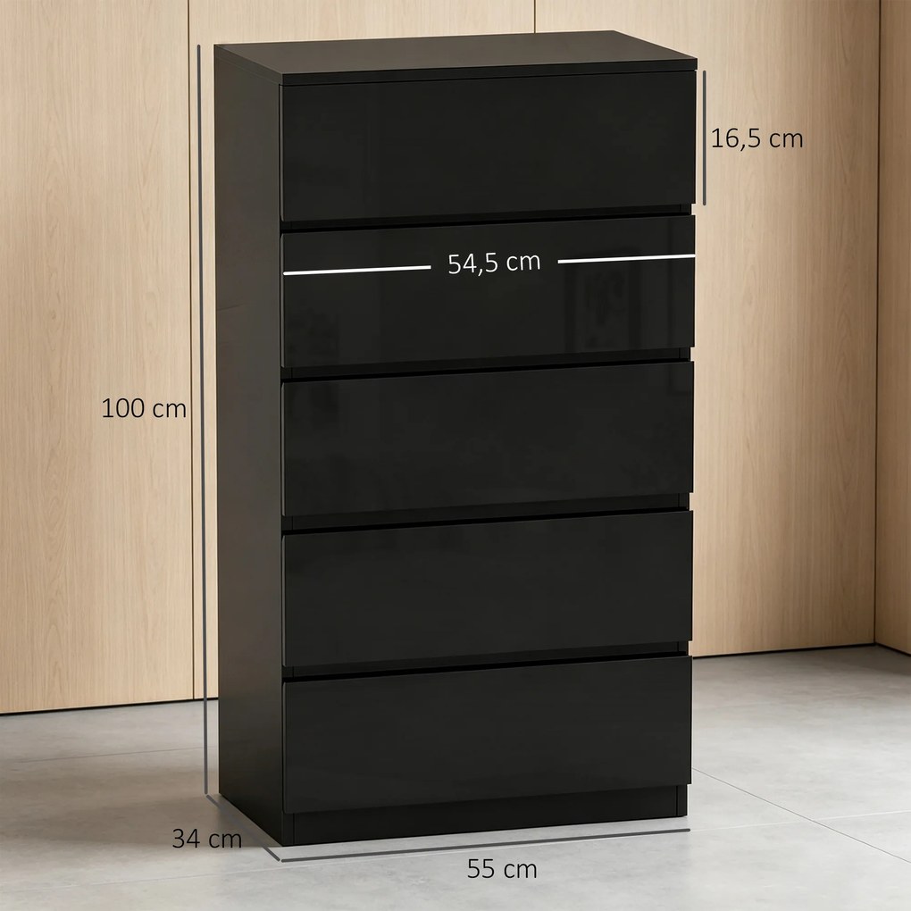 HOMCOM Komoda s 5 šuplíky Moderní komoda s protisrážecí konstrukcí pro obývací pokoj a chodbu 55x34x100 cm Černý lesk