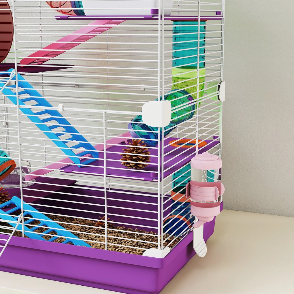 Klec pro křečky PawHut, 4 úrovně s tunely, krmítkem, kolem, domkem a žebříky, rozměry 46D x 30Š x 58V cm, fialová