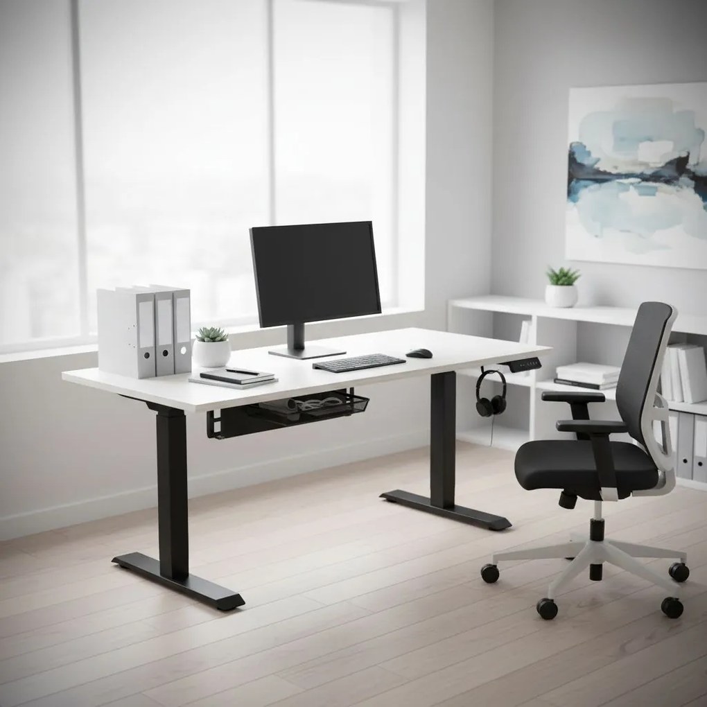 Výškově nastavitelný stůl OfficeTech C, 160 x 80 cm, černá podnož, bílý jasan