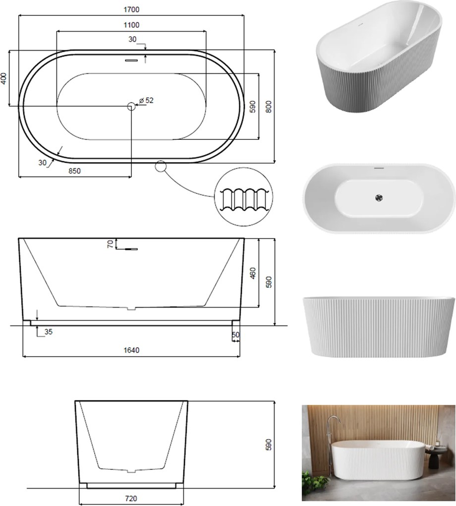 Besco Giuliana vana volně stojící 170 x 80 cm sifon chrom barva černá VANGIU170BWN