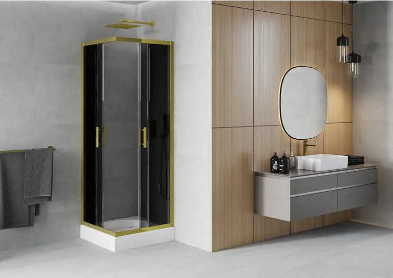Mexen Rio, čtvercový sprchový kout s posuvnými dveřmi 80 (dveře) x 80 (dveře) x 190 cm, 5mm šedé sklo, zlatý profil + bílá sprchová vanička RIO, 860-080-080-50-40-4510